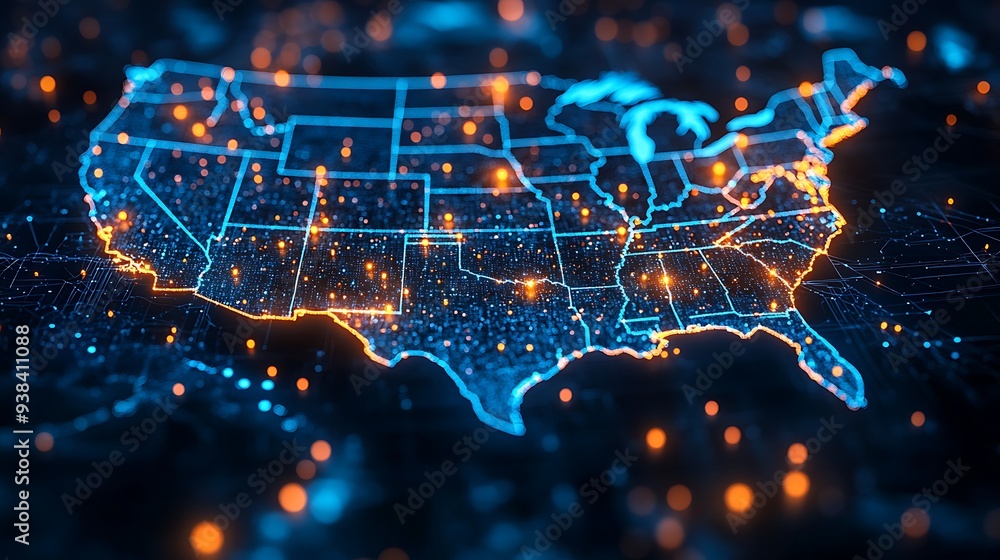 A high-tech, illuminated 3D map of the United States, showcasing ...