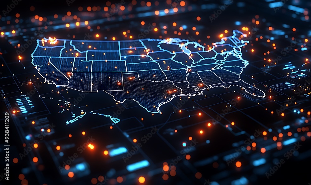 A high-tech, illuminated 3D map of the United States, showcasing ...