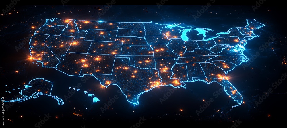 A high-tech, illuminated 3D map of the United States, showcasing ...