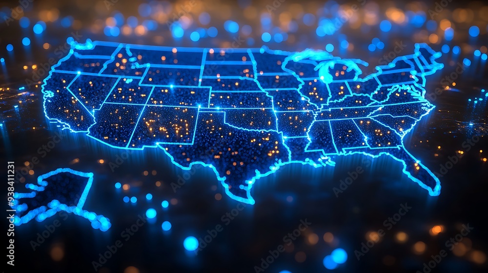 A high-tech, illuminated 3D map of the United States, showcasing ...