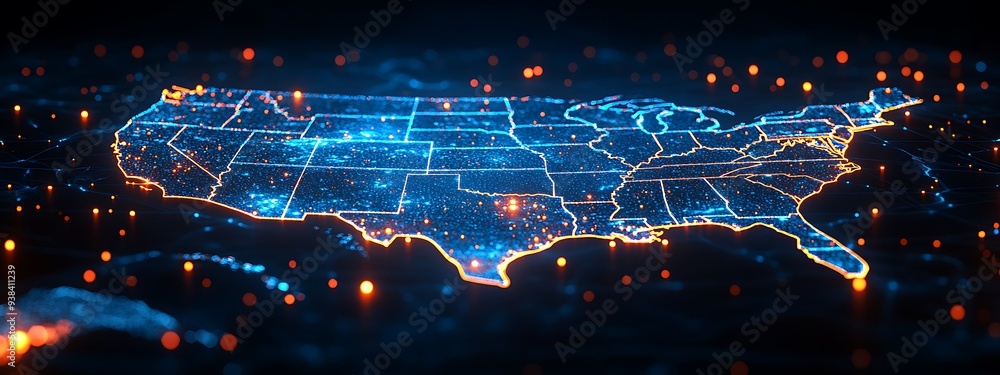 A high-tech, illuminated 3D map of the United States, showcasing ...