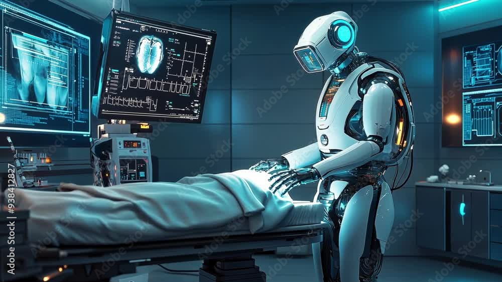 android robot conducts research, clinic of the future, robot at work ...