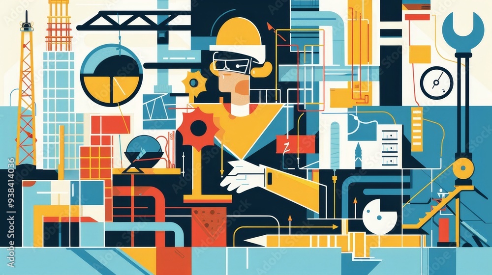 A colorful 2D illustration depicting an architect's vision for a modern ...