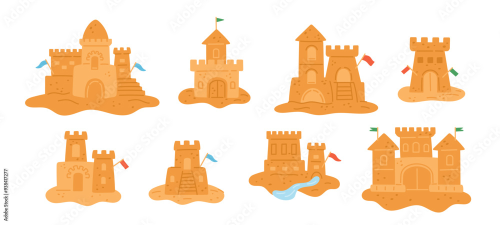 Sand castles. Kids beach palaces. Loose natural material building ...
