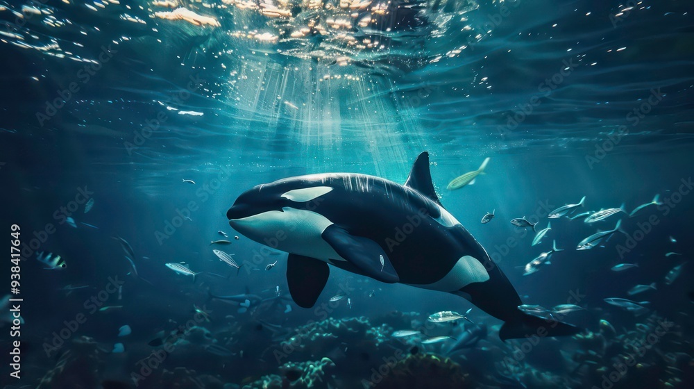 A majestic orca swims through a school of fish in a deep blue ocean ...