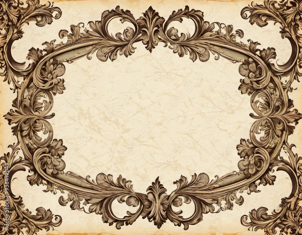 Crafted vintage scroll design, floral borders. Background showcases ...