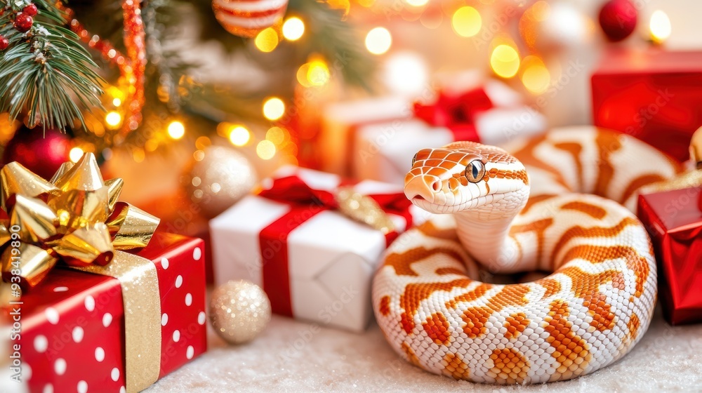 Orange and white snake curled up beside Christmas presents under a ...