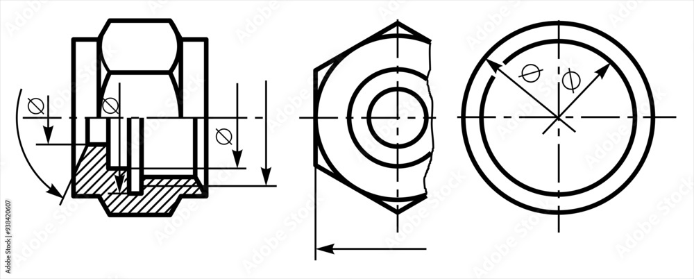 Vector drawing of steel mechanical part with through holes and ...
