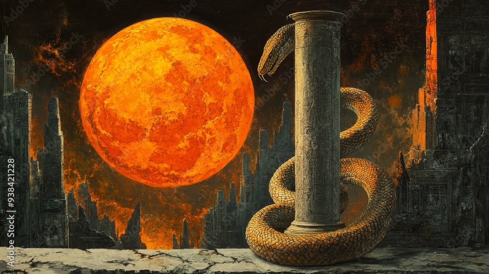 A serpent coils around a weathered pillar, its scales gleaming under ...