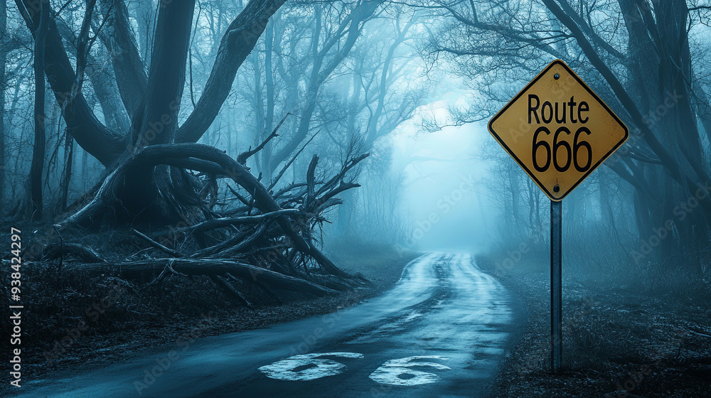 Road sign for fictional Route 666 road, spooky forest road with fog ...