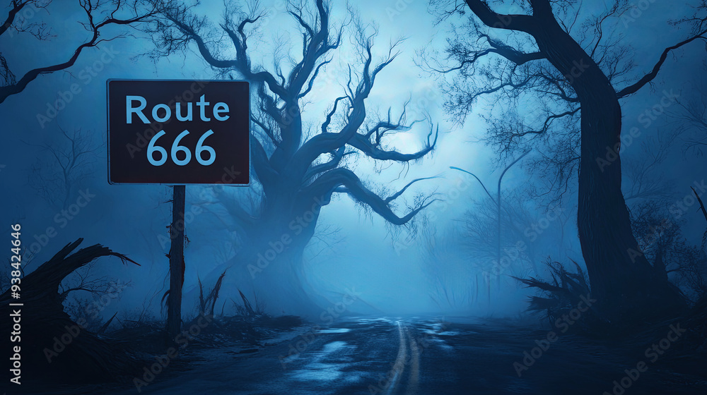 Road sign for fictional Route 666 road, spooky forest road with fog ...
