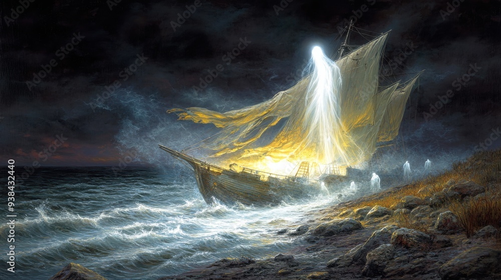 Mystical Ghost Ship Sails Through Stormy Seas at Night, Illuminated by ...