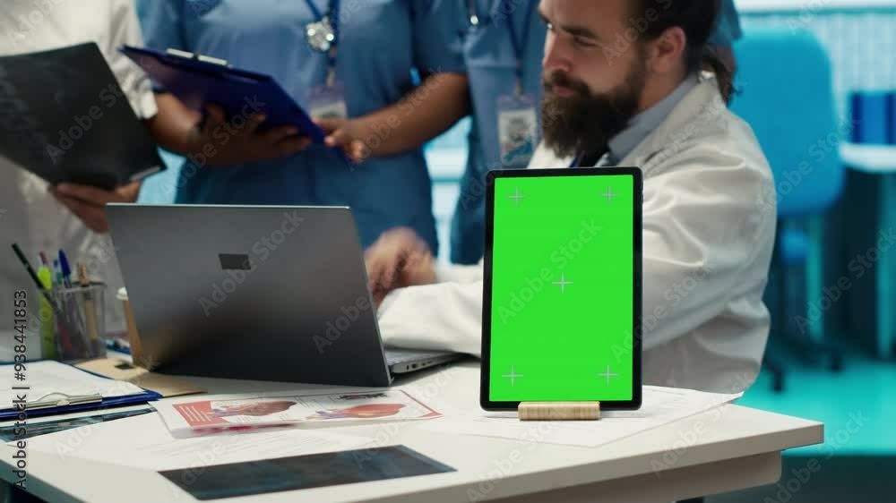 Doctors and nurses review radiography scans with green screen on desk ...