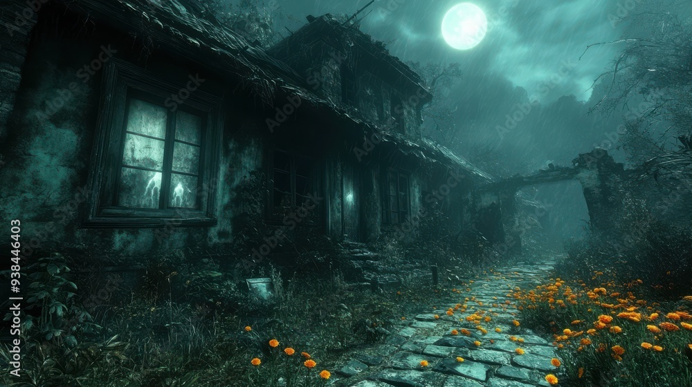 Eerie Moonlit Pathway by Haunted House with Spooky Atmosphere ...