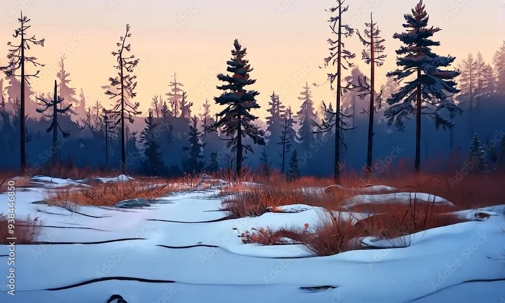 2D cartoon depiction of an old taiga permafrost forest in a boreal ...