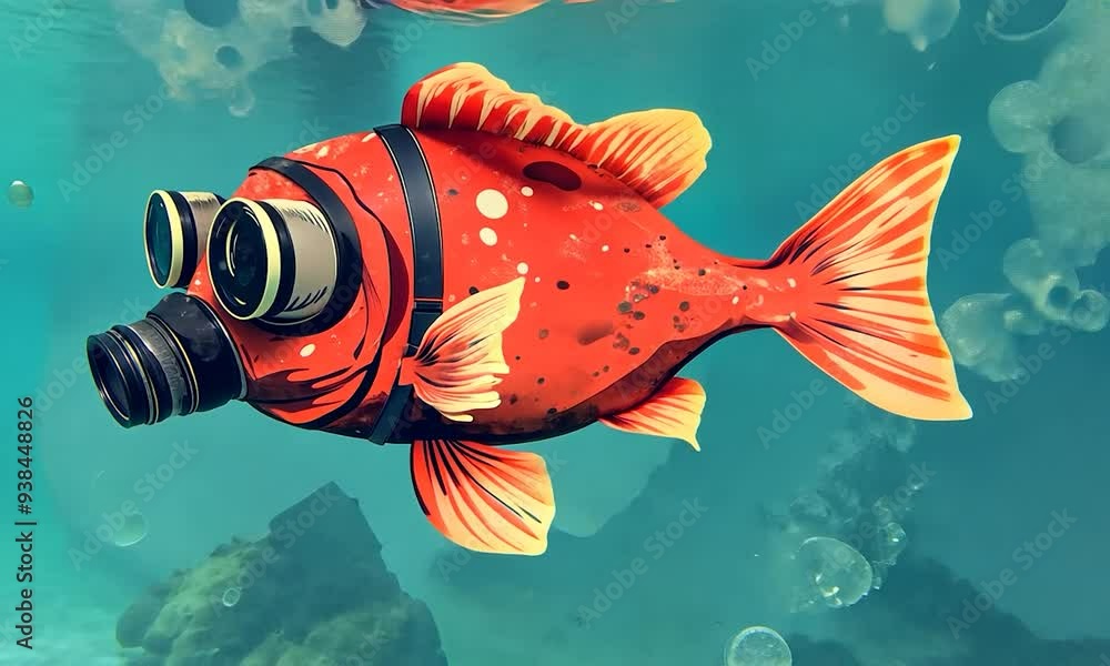 2D cartoon illustration depicting a red fish wearing a gas mask to ...