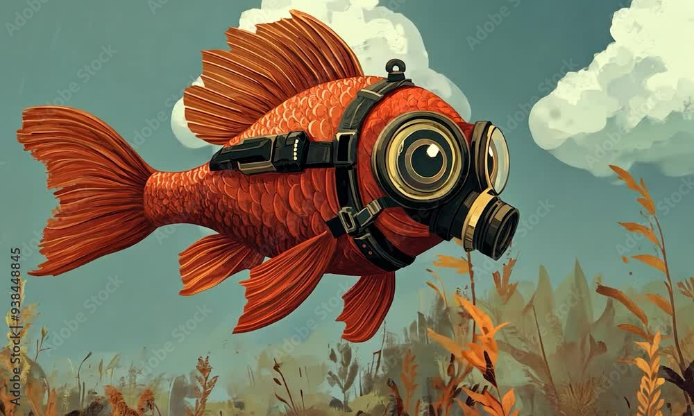 2D cartoon illustration depicting a red fish wearing a gas mask to ...
