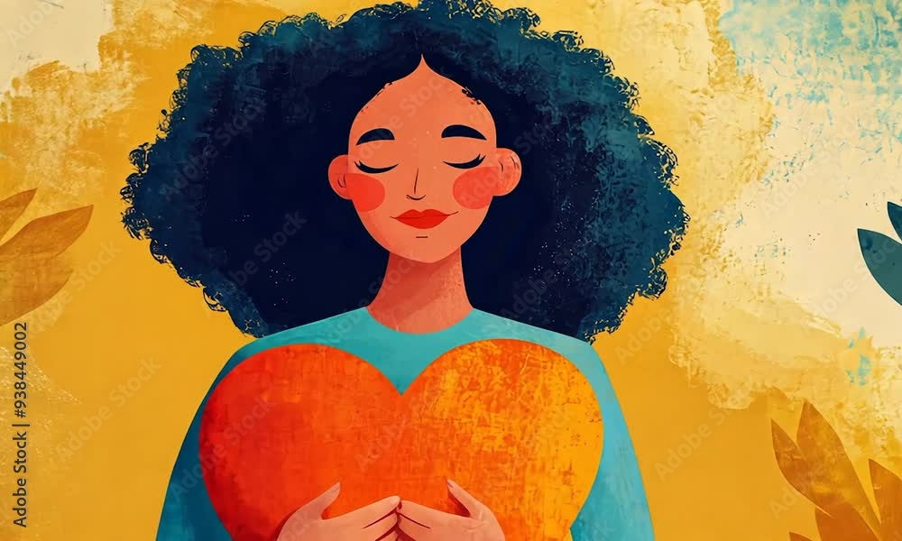 2D cartoon illustration depicting a woman embracing a heart symbolizing ...
