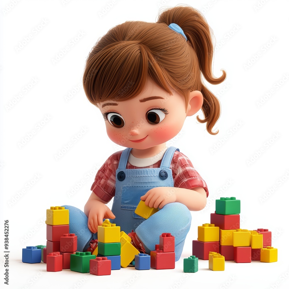 A cartoon little girl sitting cross-legged, playing with building ...