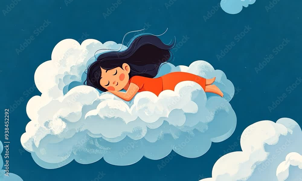 2D cartoon illustration of a girl peacefully drifting off to sleep atop ...