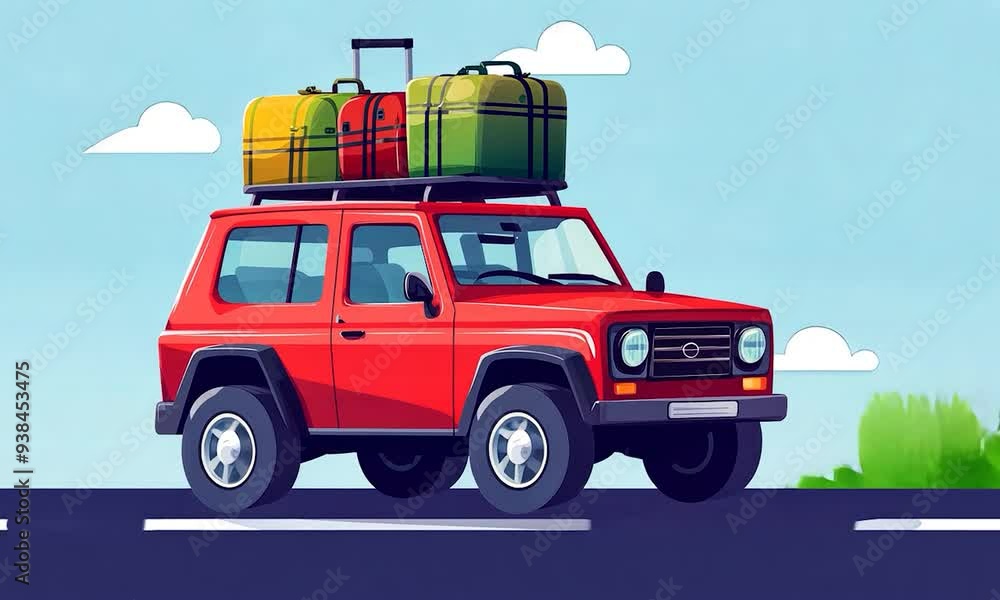 2D cartoon illustration of a small red SUV embarking on an adventure ...