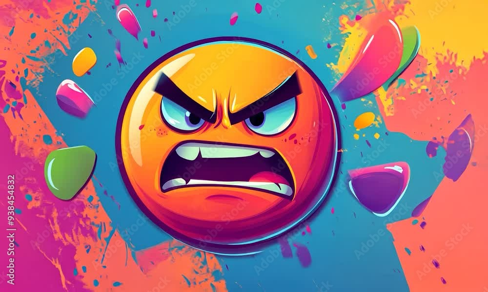 2D cartoon illustration of an angry face emoticon with a colorful ...