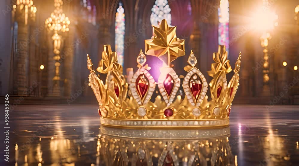 A gold royal king queen coronation crown with jewels and diamonds ...