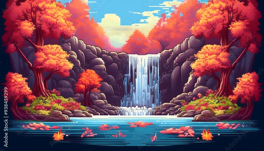 Autumn Falls - 8-bit pixel art scene depicting a cascading waterfall ...