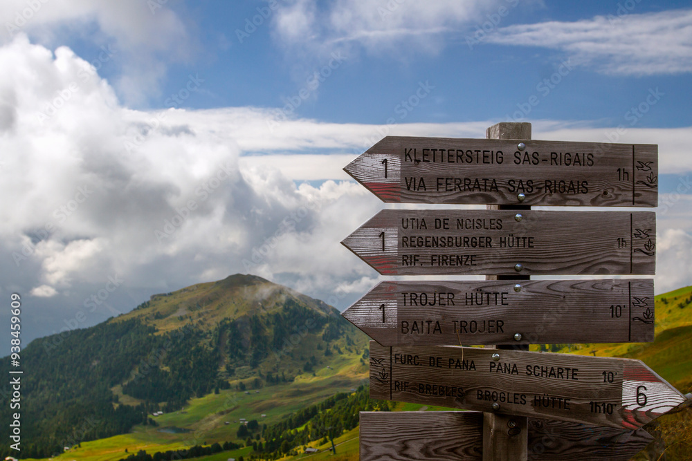 Direction sign. Marking of direction signs on a trail in the Alps ...