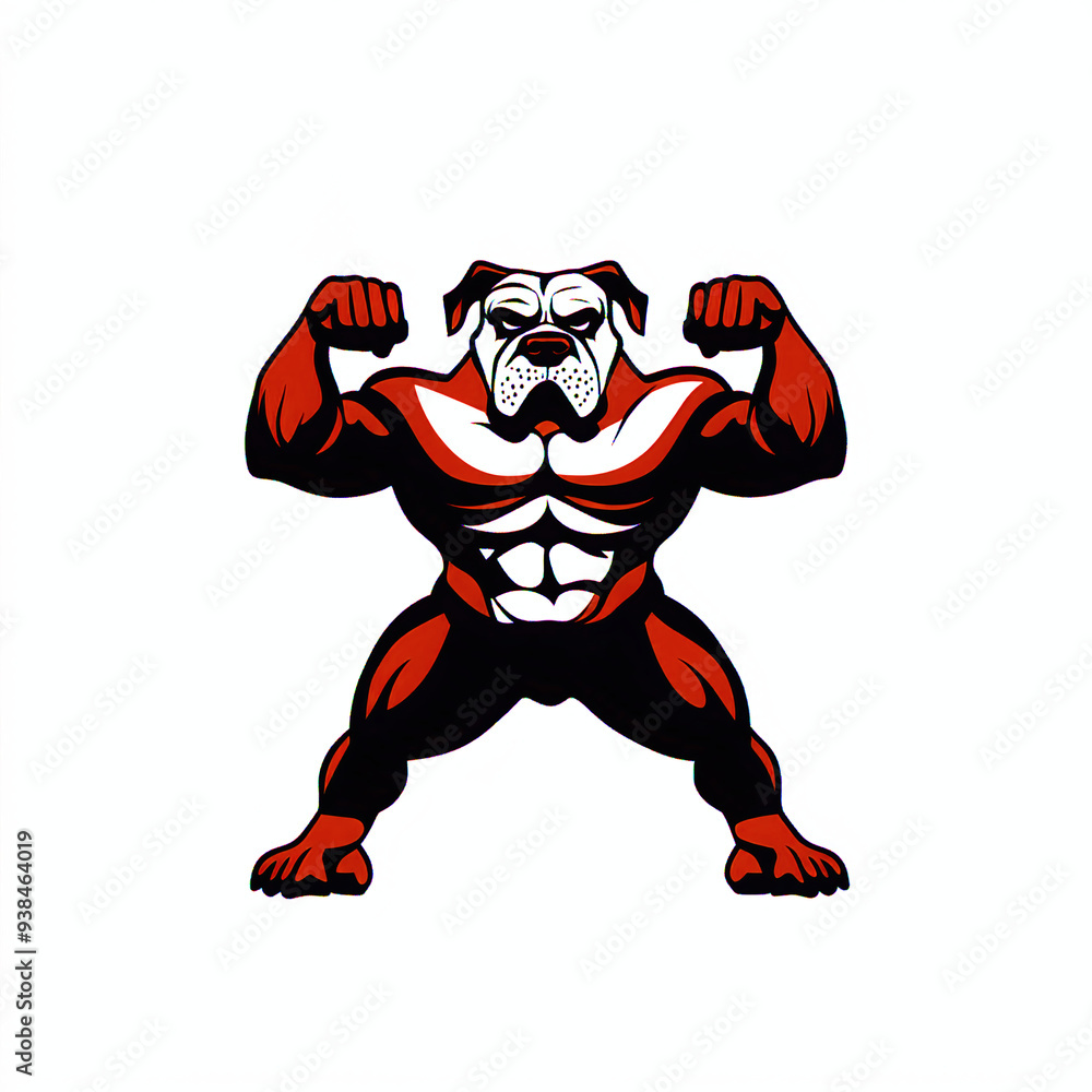 Minimalist monochrome logo of a strong bulldog bodybuilder striking a ...