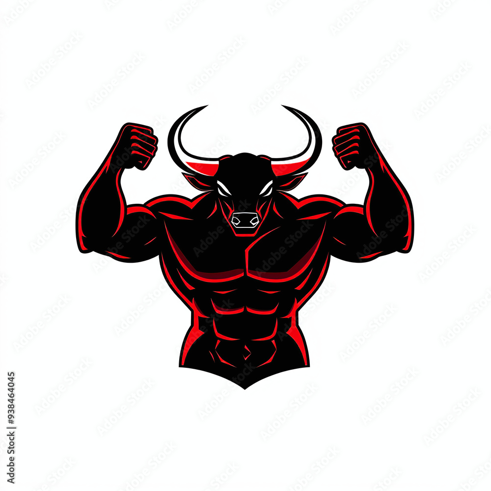 Minimalist logo of a strong bull bodybuilder striking a double biceps ...