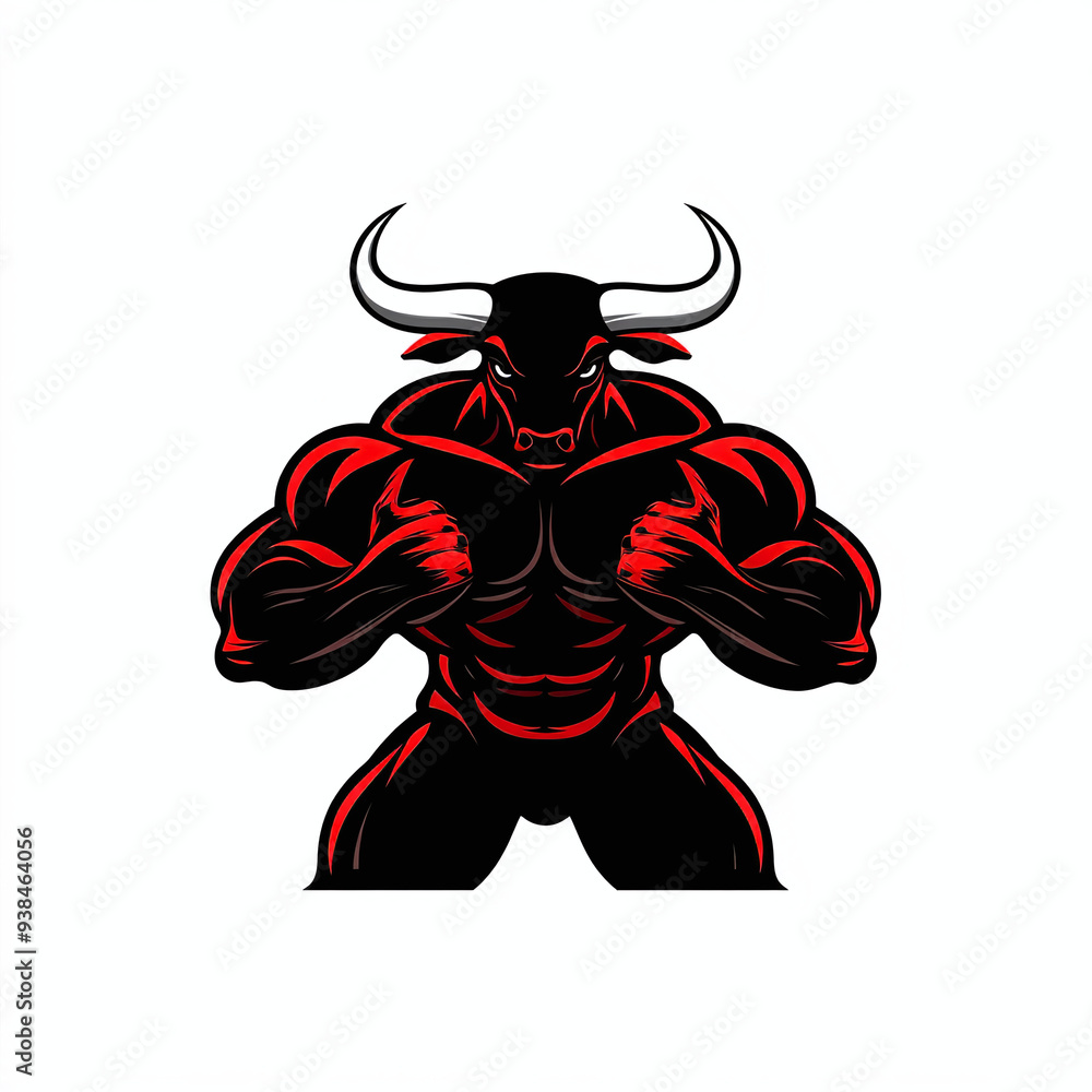 Minimalist logo of a strong bull bodybuilder striking a double biceps ...