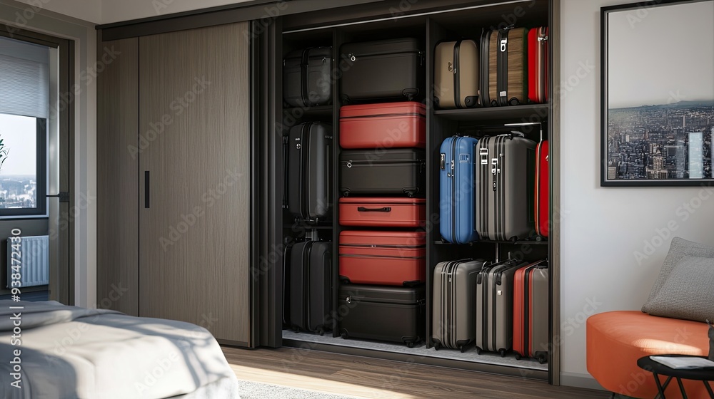 Minimalistic luggage storage solution in a modern home, with suitcases ...