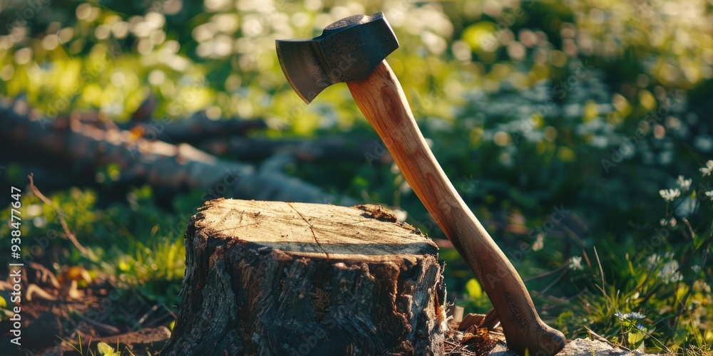 Vintage axe placed on a tree stump for lumber work Artisan tool ready ...