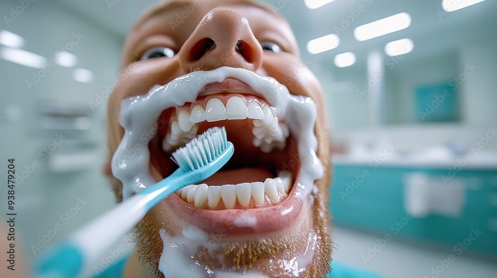 Individual shown brushing teeth with an electric toothbrush in bathroom ...