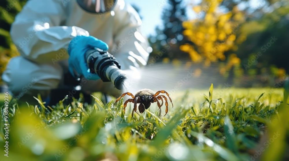 A person in full protective gear is seen spraying a large spider with ...