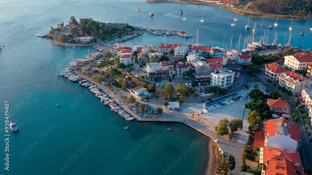 Aerial view of Datça city center. A peninsula separates Holiday village ...