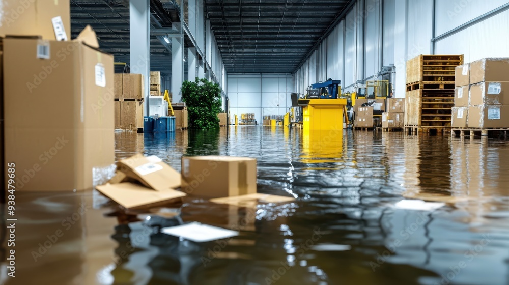 An interior view of a warehouse severely flooded, displaying numerous ...
