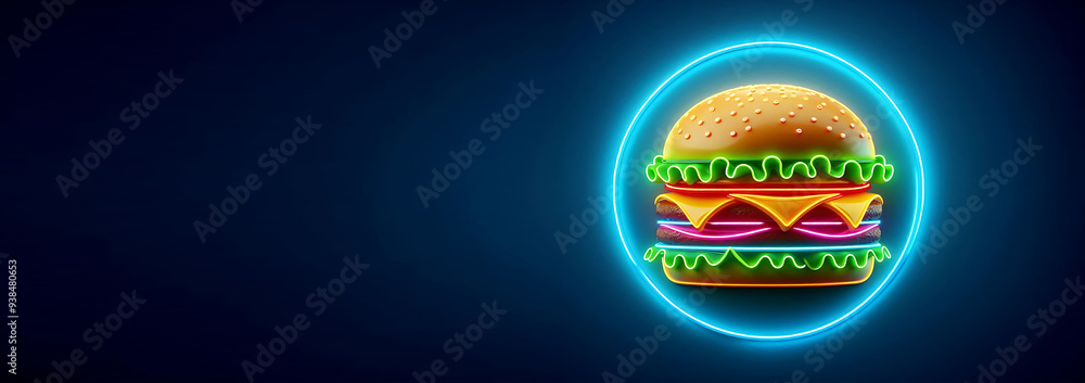 Neon burger illustration with bright, glowing outlines and vivid colors ...