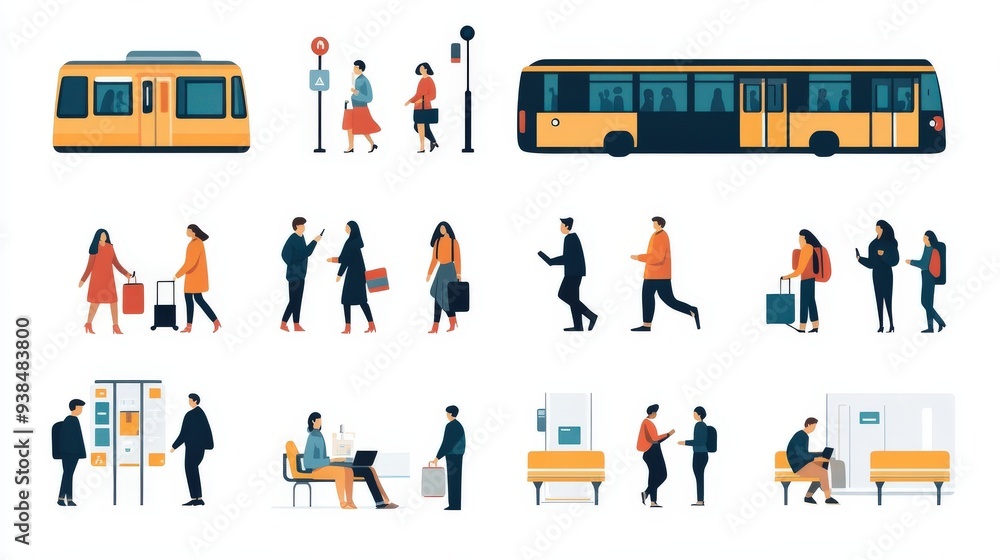 Icons of people using public transportation, like buses, trains, and ...