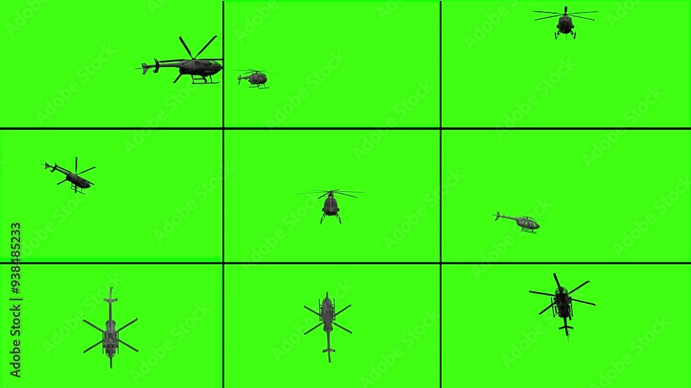 Nine 3D Helicopter leaving the ground and moving in the sky with many ...