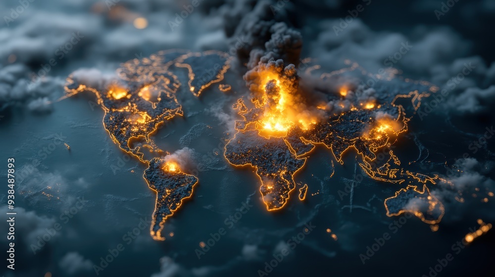 The world map showcases dark continents with fiery eruptions in ...