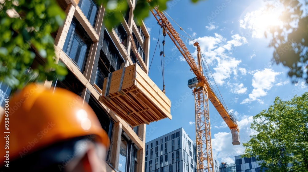 A construction site bustling under a clear, sunny sky, where a crane ...