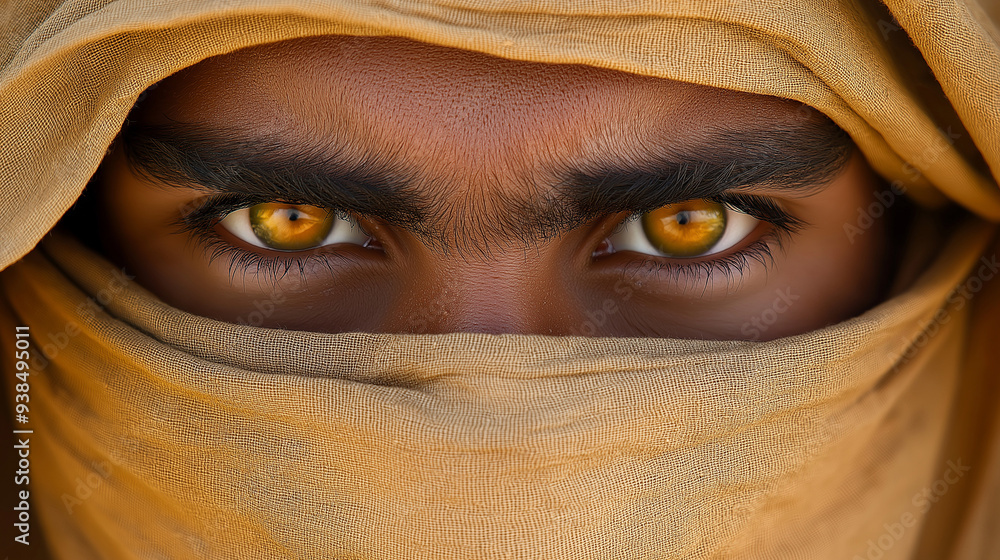 Intriguing Gaze: A close-up portrait of a man with piercing amber eyes ...