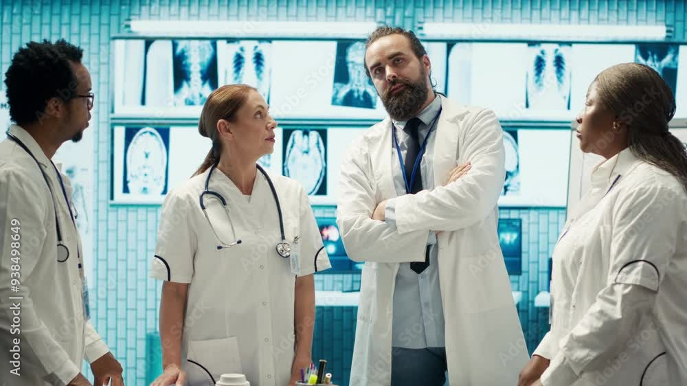 Doctor specialists reviewing human anatomy scans via hologram ...