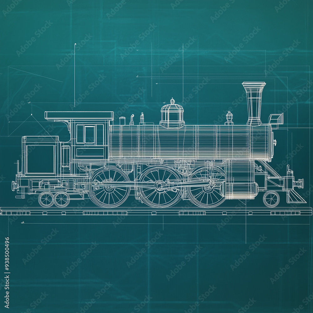 Toy Train CAD Drawing: Classic Blueprint Style on Green Background ...
