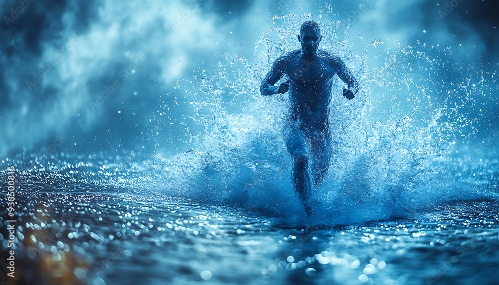 The human body shape of a running man filled with blue water on a blue ...