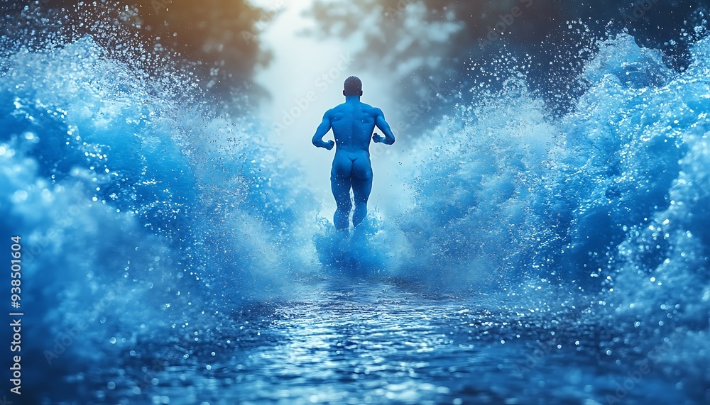 The human body shape of a running man filled with blue water on a blue ...