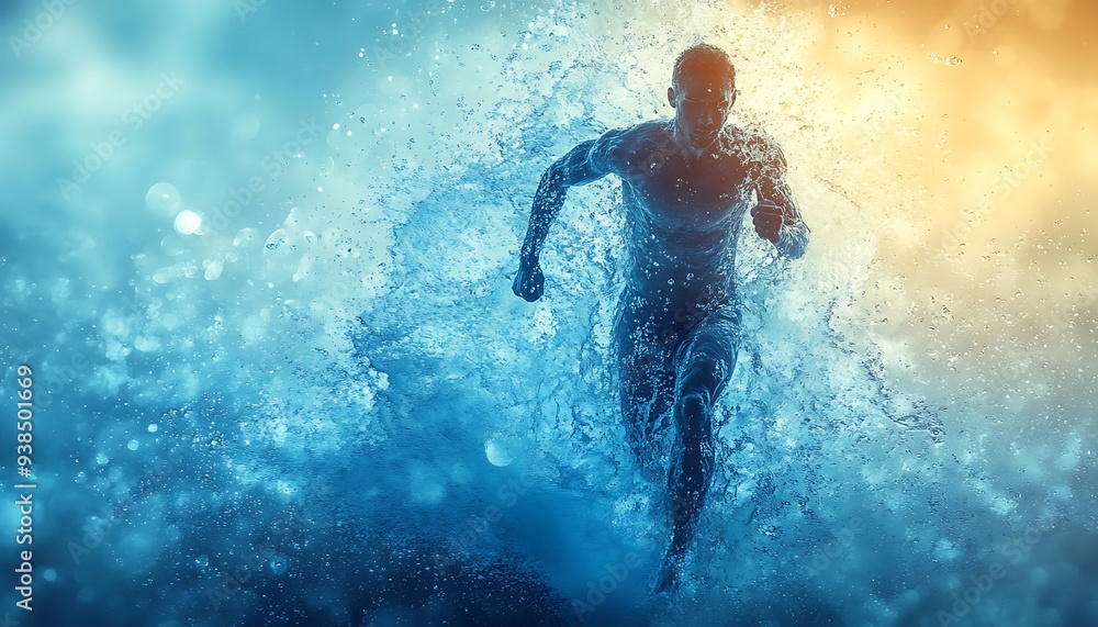 The human body shape of a running man filled with blue water on a blue ...