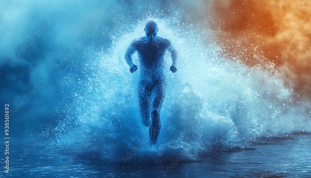 The human body shape of a running man filled with blue water on a blue ...
